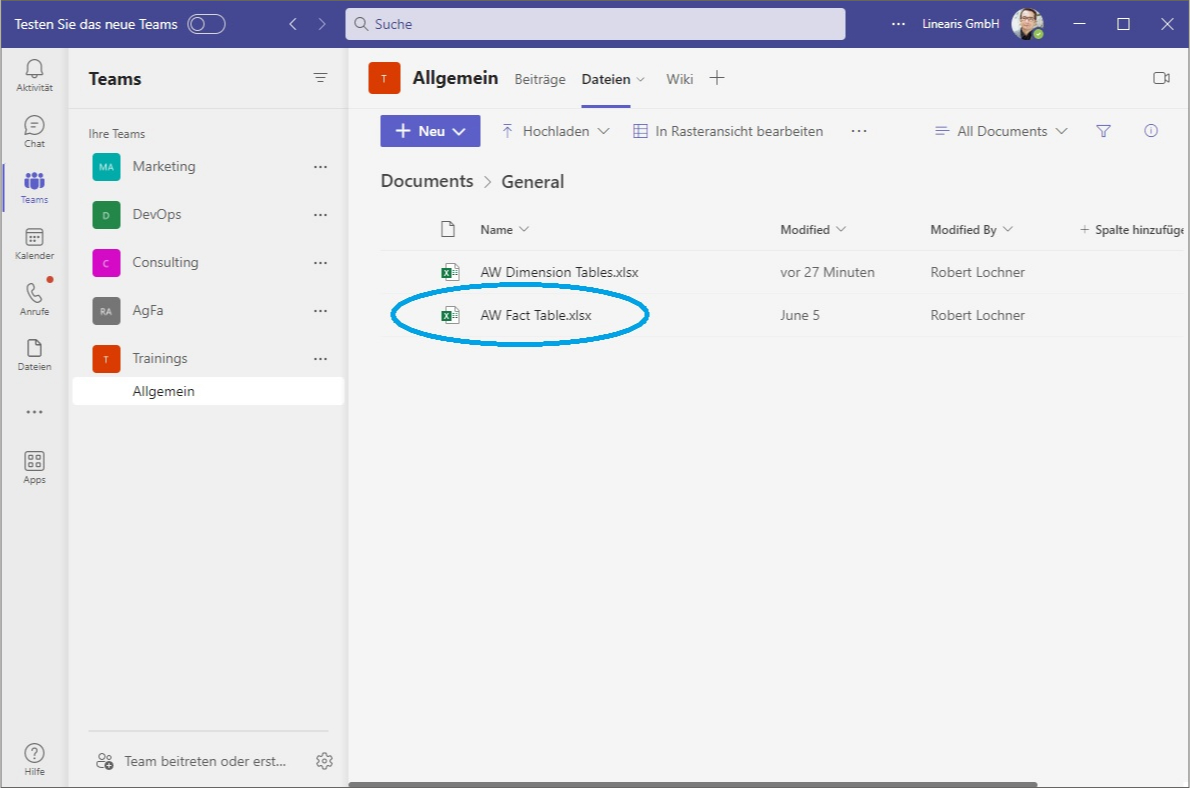 Import von Excel Dateien aus MS Teams, SharePoint und OneDrive – Linearis :: Power BI & data1.io