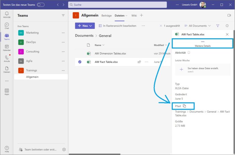 Import von Excel Dateien aus MS Teams, SharePoint und OneDrive – Linearis :: Power BI & data1.io